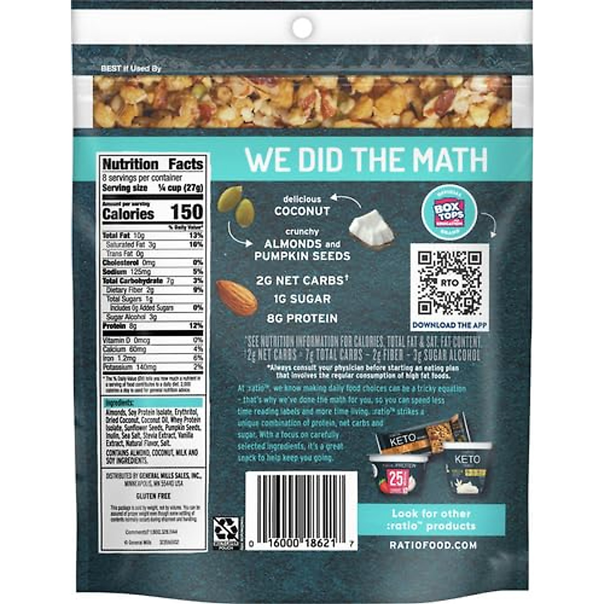 Ratio Coconut Almond Granola Cereal, 1g Sugar, Keto Friendly, 8 OZ Resealable Cereal Bag