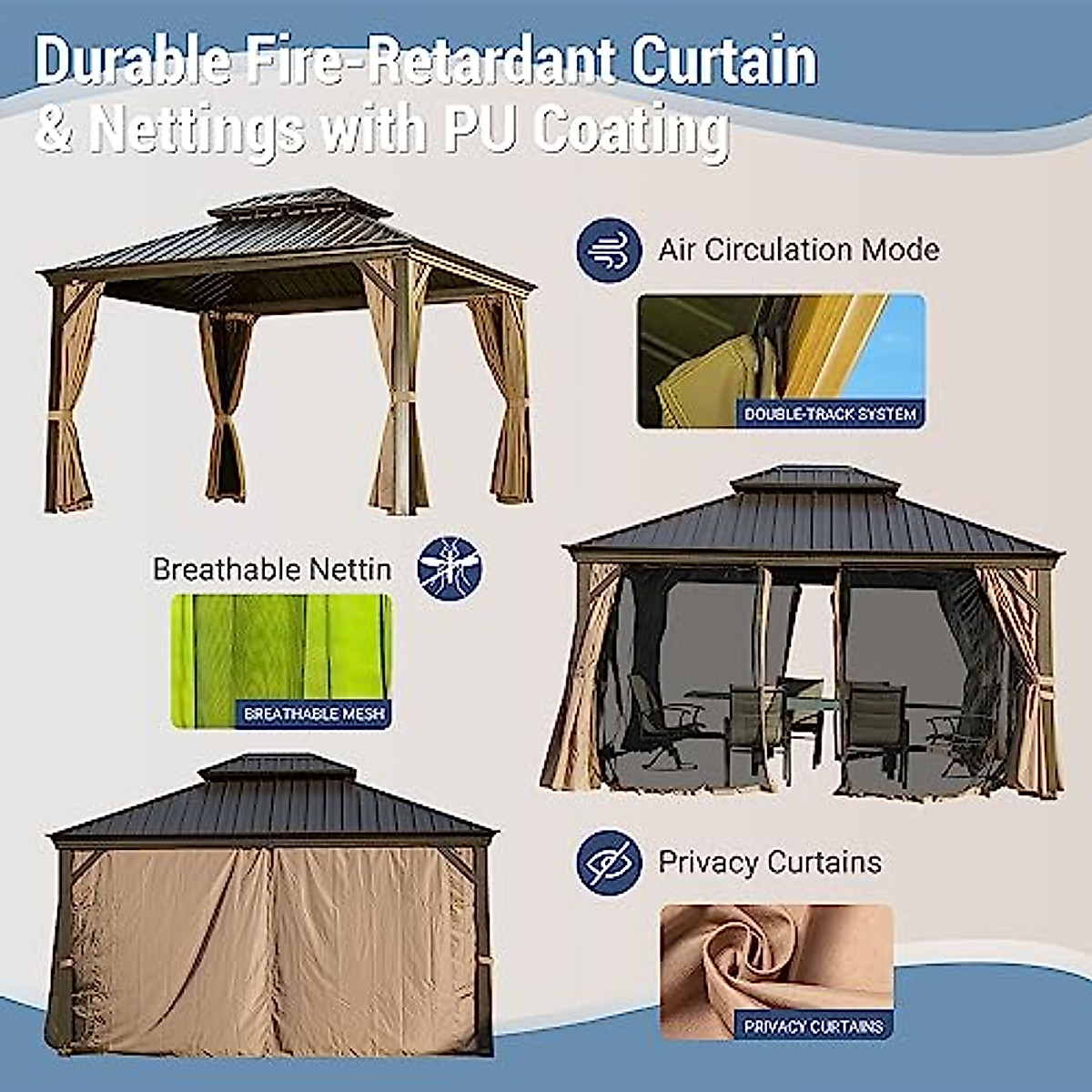 10' x 12' Hardtop Gazebo Outdoor Aluminum Gazebos Grill with Galvanized Steel Double Canopy for Patios Deck Backyard,Curtains&Netting by domi outdoor living Brown