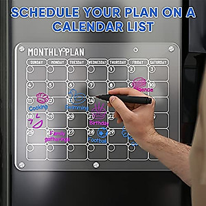 Acrylic Magnetic Dry Erase Board for Fridge 16"X12", Adhesive Monthly Acrylic Calendar Board for Refrigerator/Wall, Clear Acrylic Fridge Calendar White Board with 6 Dry Erase Markers and Eraser