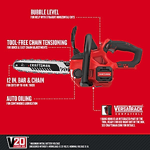 CRAFTSMAN V20 Mini Chainsaw, Cordless, 12 inch, Bare Tool Only (CMCCS620B)