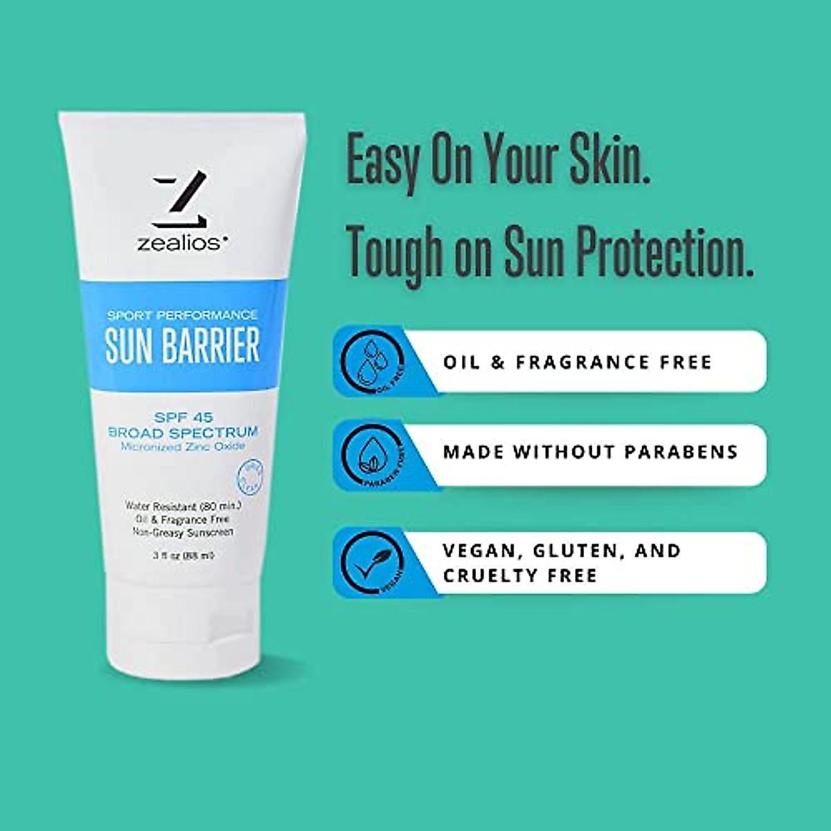 Sun Barrier 3 oz by Zealios - Broad Spectrum SPF 45 Non-Greasy Water-Resistant Zinc Sunscreen - Last Absorbing Sunblock Body Lotion for Athletes