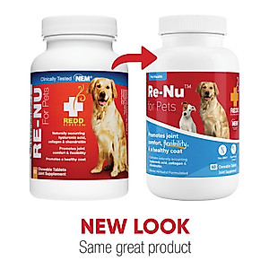 Redd Remedies, RE-NU for Pets, Joint Pain Relief Support for Dogs with Glucosamine, Chondroitin and Collagen from NEM, Calcium and Brewer’s Yeast, 60 Chewable Tablets, Made in The USA