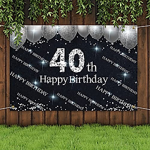 Silver and Black Happy 40th Birthday Backdrop Banner Decorations for Women Men 40 Years Old Bday Background Photography Party Decor Sign Supplies
