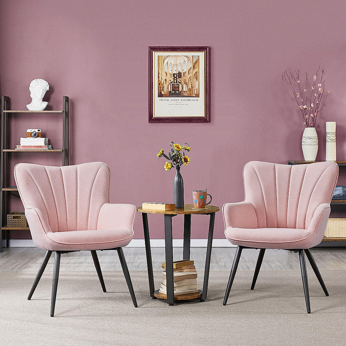 Yaheetech Accent Chair, Modern and Elegant Armchair, Linen Fabric Vanity Chair, Comfy Living Room Chair with Metal Legs and High Back for Living Room Bedroom Office Waiting Room, Set of 2, Pink