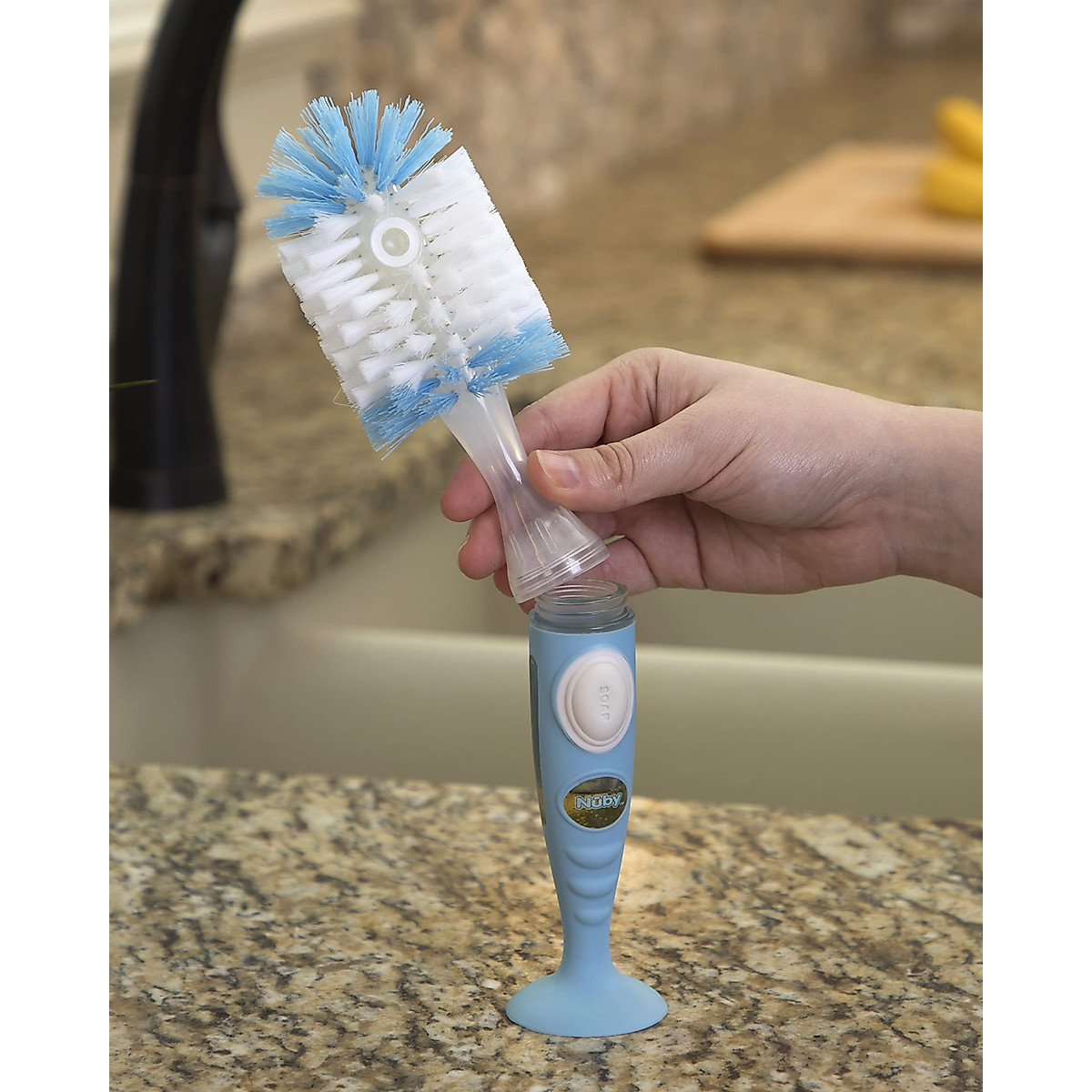 Nuby Easy Clean Dispensing Soft and Durable Bristle Bottle Brush with Textured Handles and Suction Base, 2 in 1 System, Green