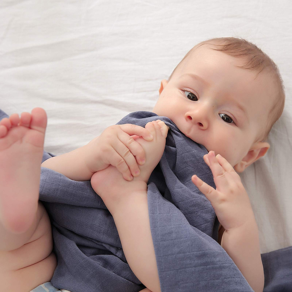 POMISO Muslin Swaddle Blankets, Baby Swaddle Blanket, Large 47 x 47 inches Muslin Baby Blanket wrap for Baby Boys and Girls, 4 Pack, Solid Color, Grey Blue White Green