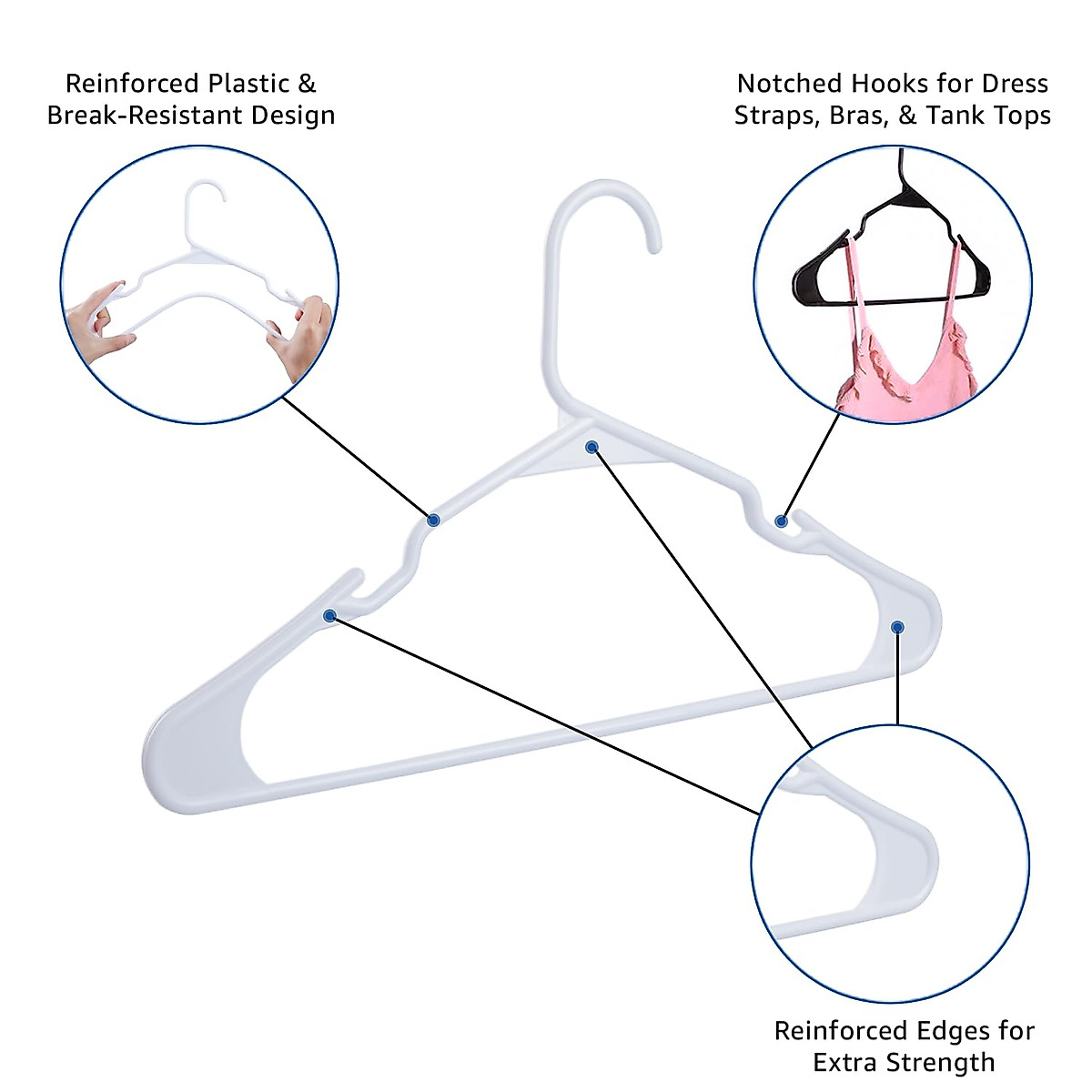 Our Modern Space 100 Pack Adult Plastic Hanger for Shirt Pants Coats Dresses Skirts Suits Jackets - Standard Thick Coat Hanger - Sturdy & Durable Design with Shoulder Grooves Hook - White