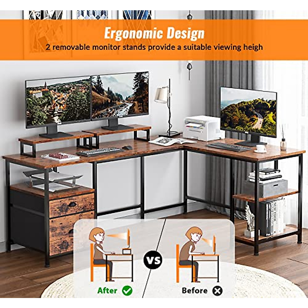 Furologee 66" L Shaped Computer Desk and Printer Stand, Corner Gaming Desk with File Drawer, Shelves and Dual Monitor Stand, Mobile 3 Tier Printer Table with Wheels and 2 Hooks, for Home Office