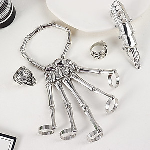 Long tiantian Skeleton Hand Bracelet Metal Skull Bracelet with Ring Hand Chain Halloween Costume Outfits Accessories for Women 2024