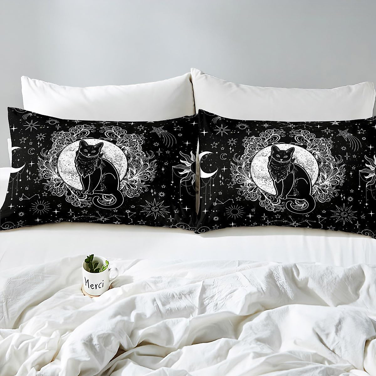 Mysterious Cat Bedding Set Twin Size 2 Pcs,Boho Exotic Tribal Abstract Art Duvet Cover for Kids Teens Bed Comforter Cover Set,Full Moon Galaxy Starry Duvet Cover Set for Home Decoration(No Filler)