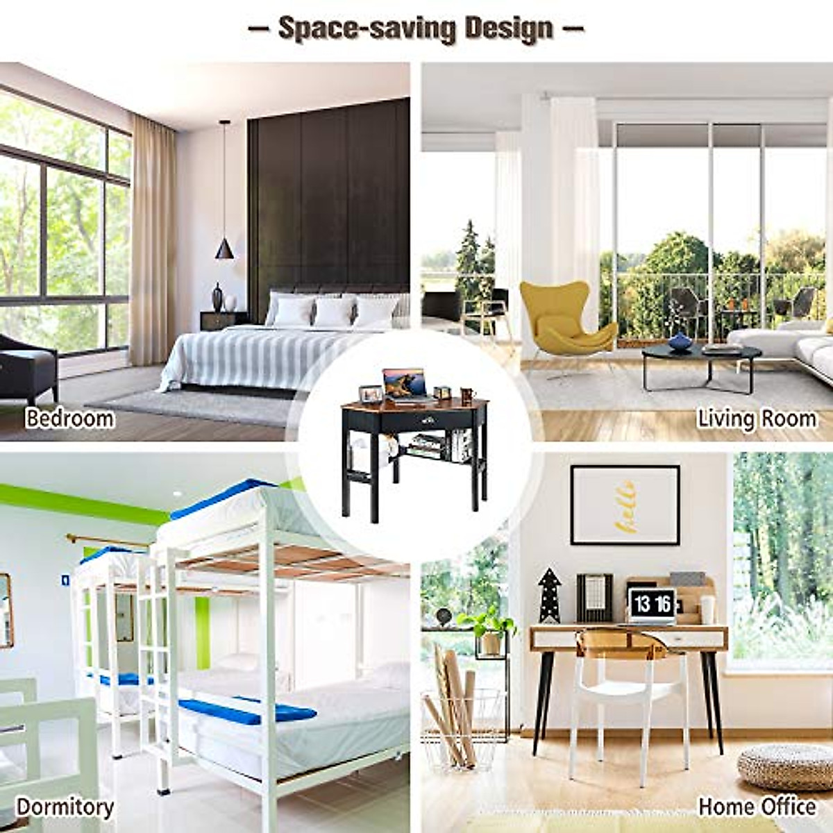 GOFLAME Computer Corner Desk, Wood Compact Home Office Writing Worstation with Drawer and Shelves, Laptop PC Corner Table for Small Space Home Office (Coffee)