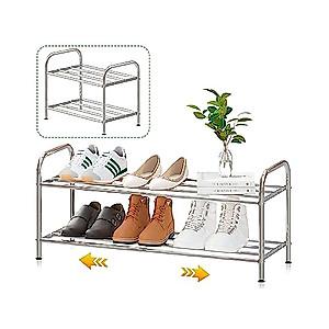 SKIKEN 2-Tier Low Shoe Rack, 100% Stainless Steel, Small Expandable Shoe Rack, Stretchable Rod, No Rust, Easy to Care, Simple Metal Storage Rack For Entrance, Stairs Side, Closet, Bathroom