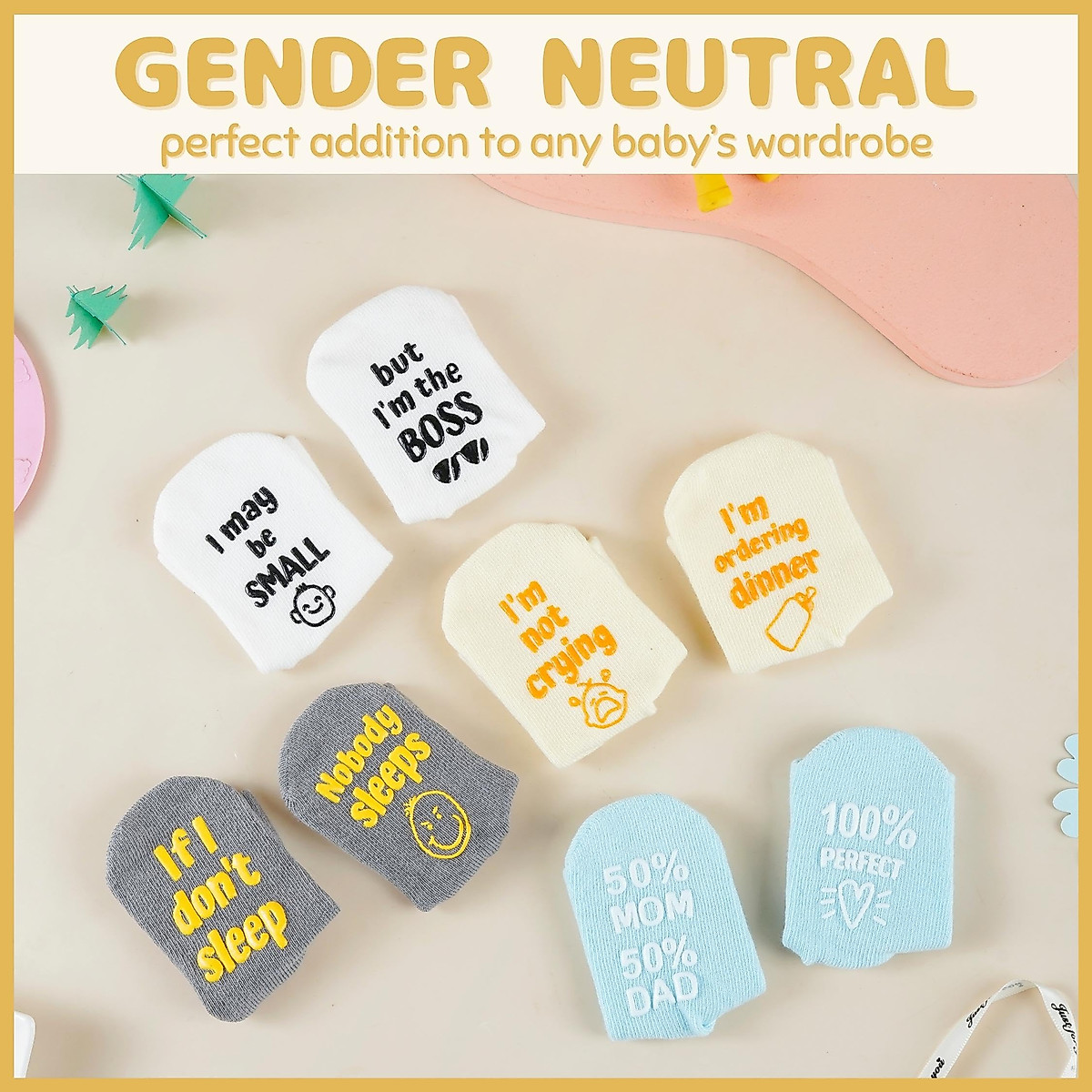 InnoBeta Baby Socks Set with Funny Quotes (4 Pairs) Newborn/Infant Socks for Baby Shower, Gender Reveal 3-12 Months, Gender Neutral