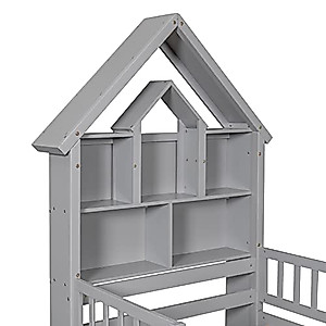 OPTOUGH Twin Size House-Shaped Storage Headboard Bed,Wooden Bedframe with Full Length Fence Guardrails and Drawers for Kids Teens,No Spring Box Needed,Gray