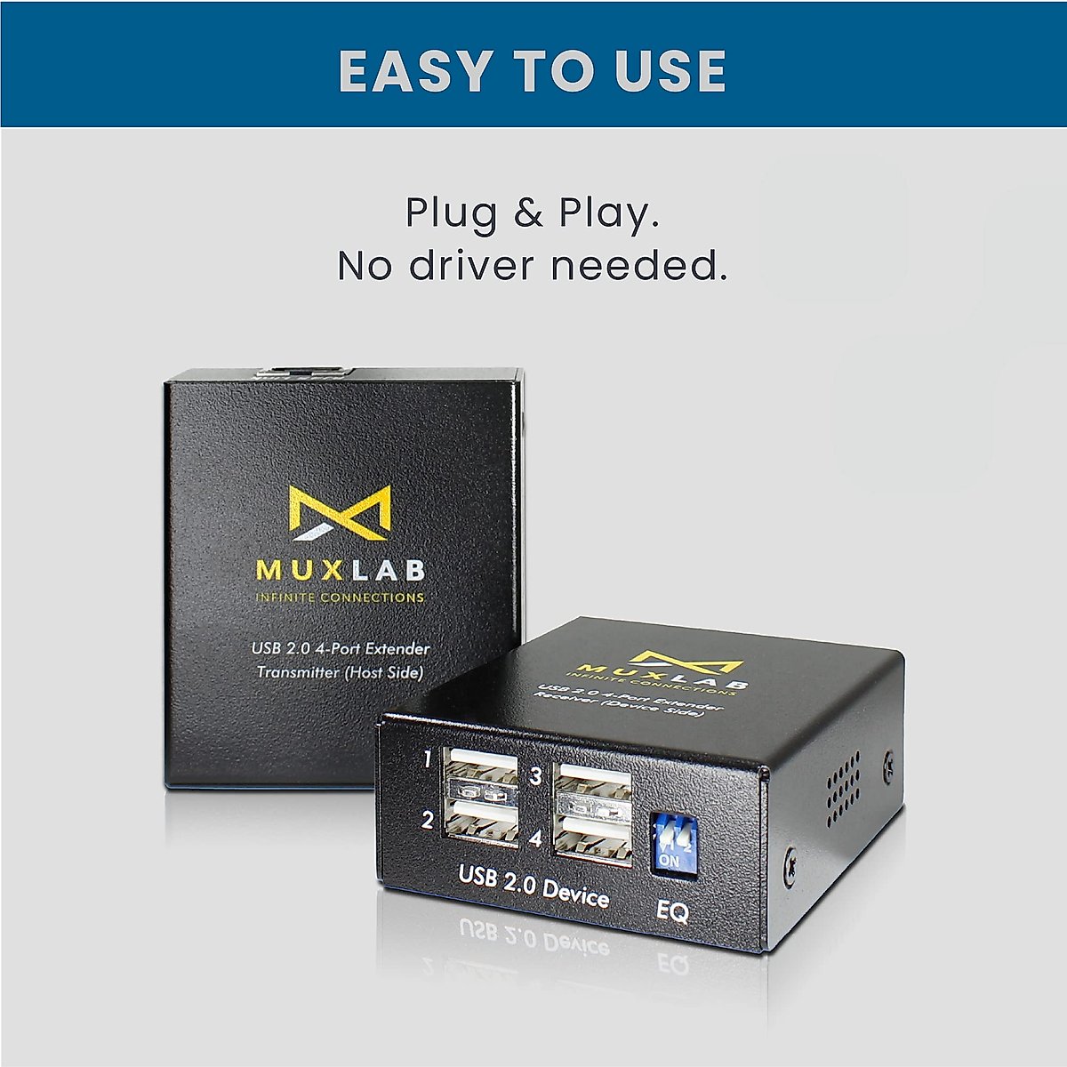 MuxLab USB 2.0 4-Port Extender Kit | 165ft (50m) Over Single Cat5e/6 Cable| 4 USB 2.0 Ports | Plug and Play | No Driver | Supports All Operating Systems | Zero Latency | Ideal for Work or Home