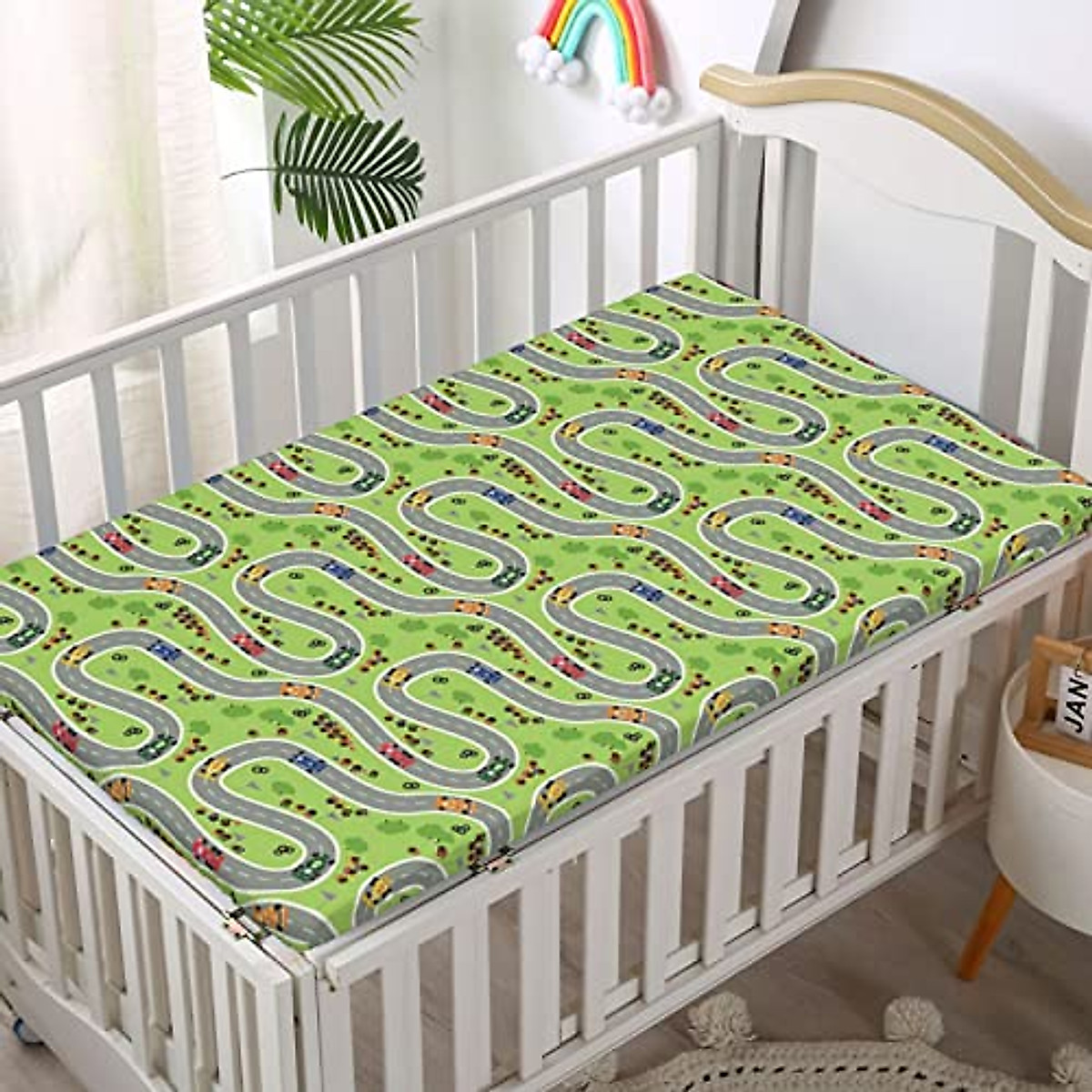 Race Car Themed Fitted Crib Sheet,Standard Crib Mattress Fitted Sheet Ultra Soft Material-Great for Boy or Girl Room or Nursery,28“ x52“,Green Multicolor