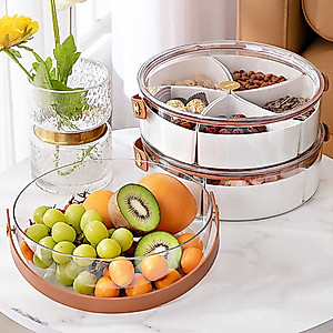 Clear Divided Serving Tray with Lid and Handle, Round Portable Plastic Veggie Tray Party Platter Food Storage Container Box for Snack Dried Fruit Nuts Candy Appetizer Vegetable