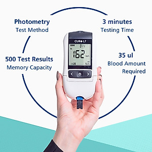 CURO-L7 Professional Grade Blood Cholesterol Testing with Home KIT - All-in-One Test Device, Test Strips 5ea, Lancets, and EziTube Rod Included