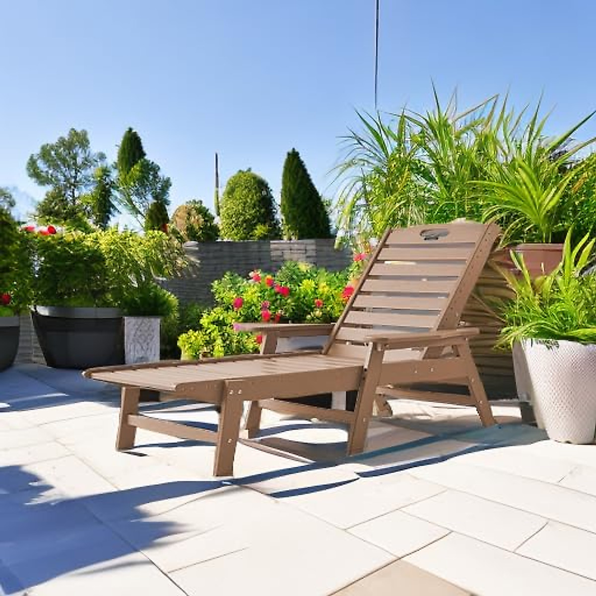 Ciokea Chaise Lounge Chair Outdoor with Wood Texture, Adjustable 5-Position Chaise Lounge Outdoor, Patio Lounge Chair for Poolside Backyard, Teak