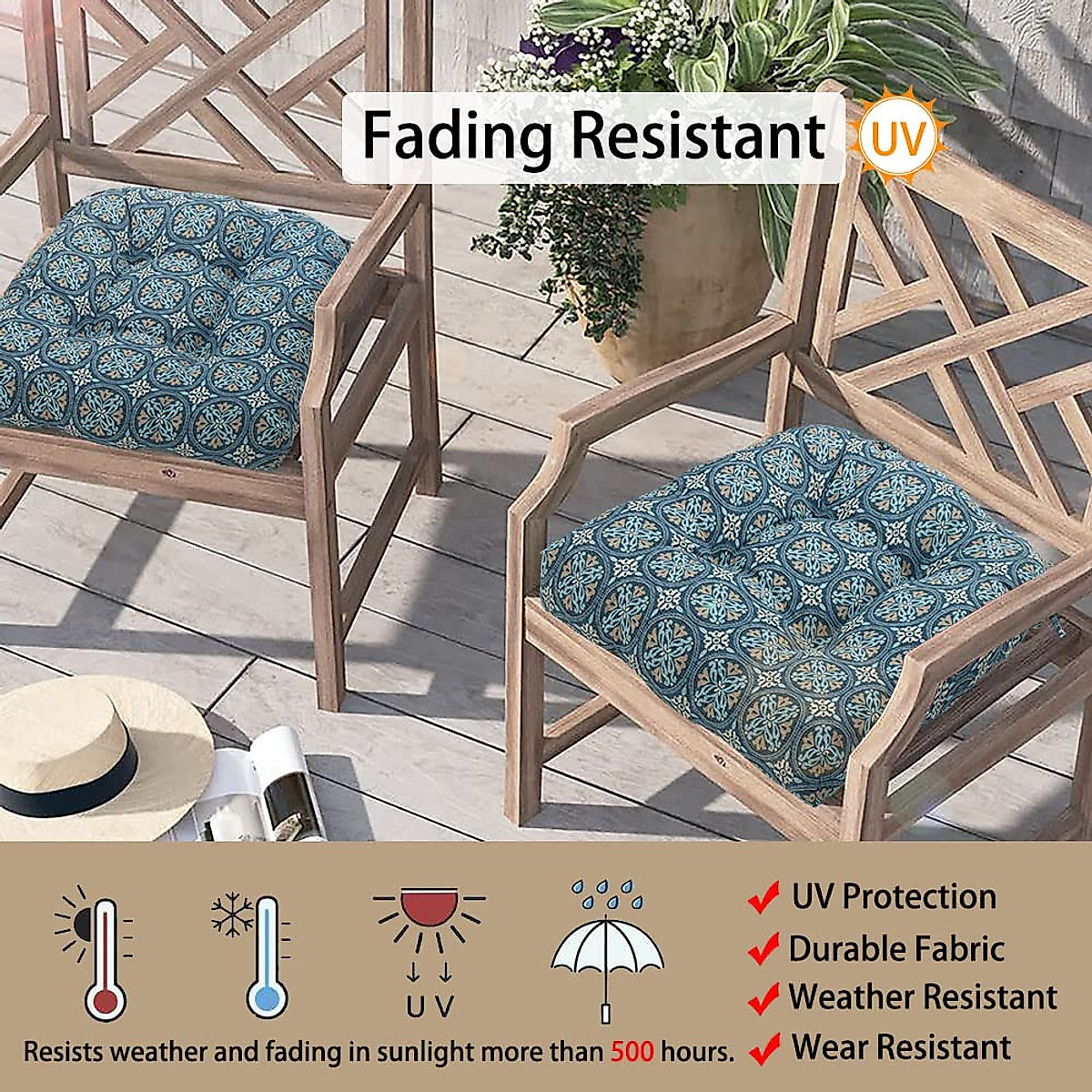 Magpie Fabrics Outdoor/Indoor Tufted Seat Cushion with Ties Set of 2, 19"x19" Waterproof Patio Chair Pads Tatami Floor Pillow for Garden Balcony Office Decor (Morgan Medal Blue)