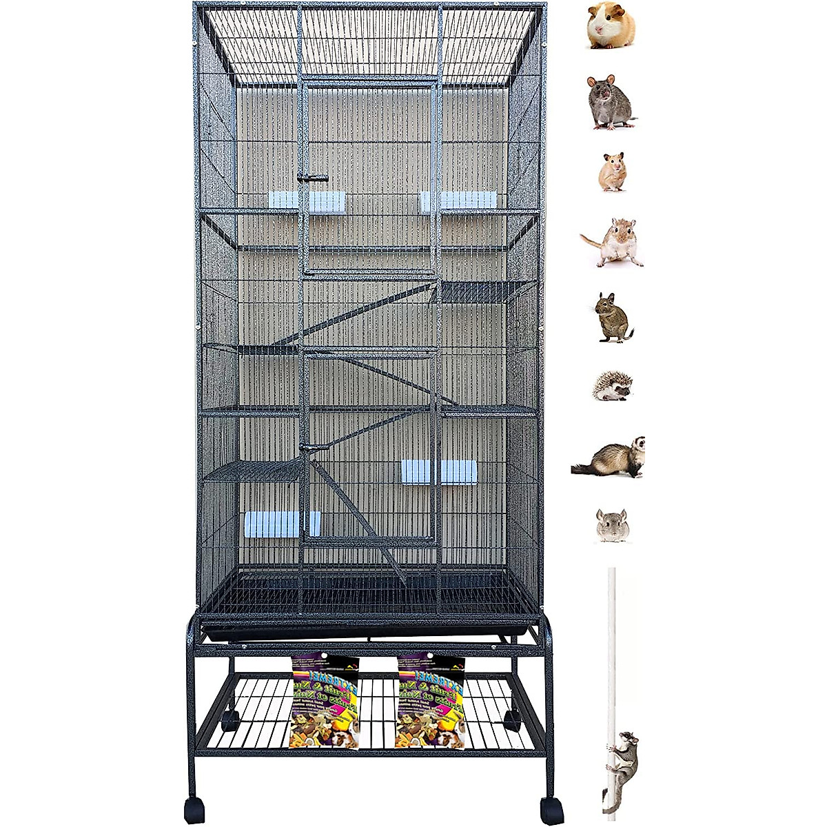70" Extra Large Chew-Proof Wrought Iron 4-Levels Tight 1/2-Inch Bar Spacing for Ferret Chinchilla Sugar Glider Home Cage Easy to Clean Pull Out Tray with Removable Stand on Wheels
