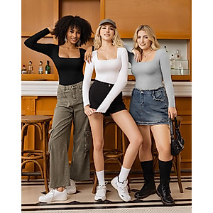 MANGOPOP Womens Long Sleeve Square Neck T Shirts Tops Fitted Tees(Black, Medium)