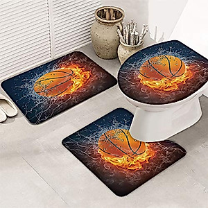 Apular Fashion 3 Piece Bath Rugs Set Basketball on Fire and Water Printed Non Slip Ultra Soft Bathroom Mats, U Shape Mat and Toilet Lid Cover Mat Bath Mats