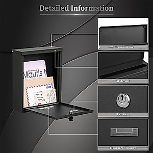 Dalmbox Locking Mailbox Wall Mount, Wall Mounted Mailbox with Key Lock, Large Drop Box with Galvanized Steel Cover, Rust-Proof Metal Post Box, Black, 10.2” x 3.7” x 12.6”