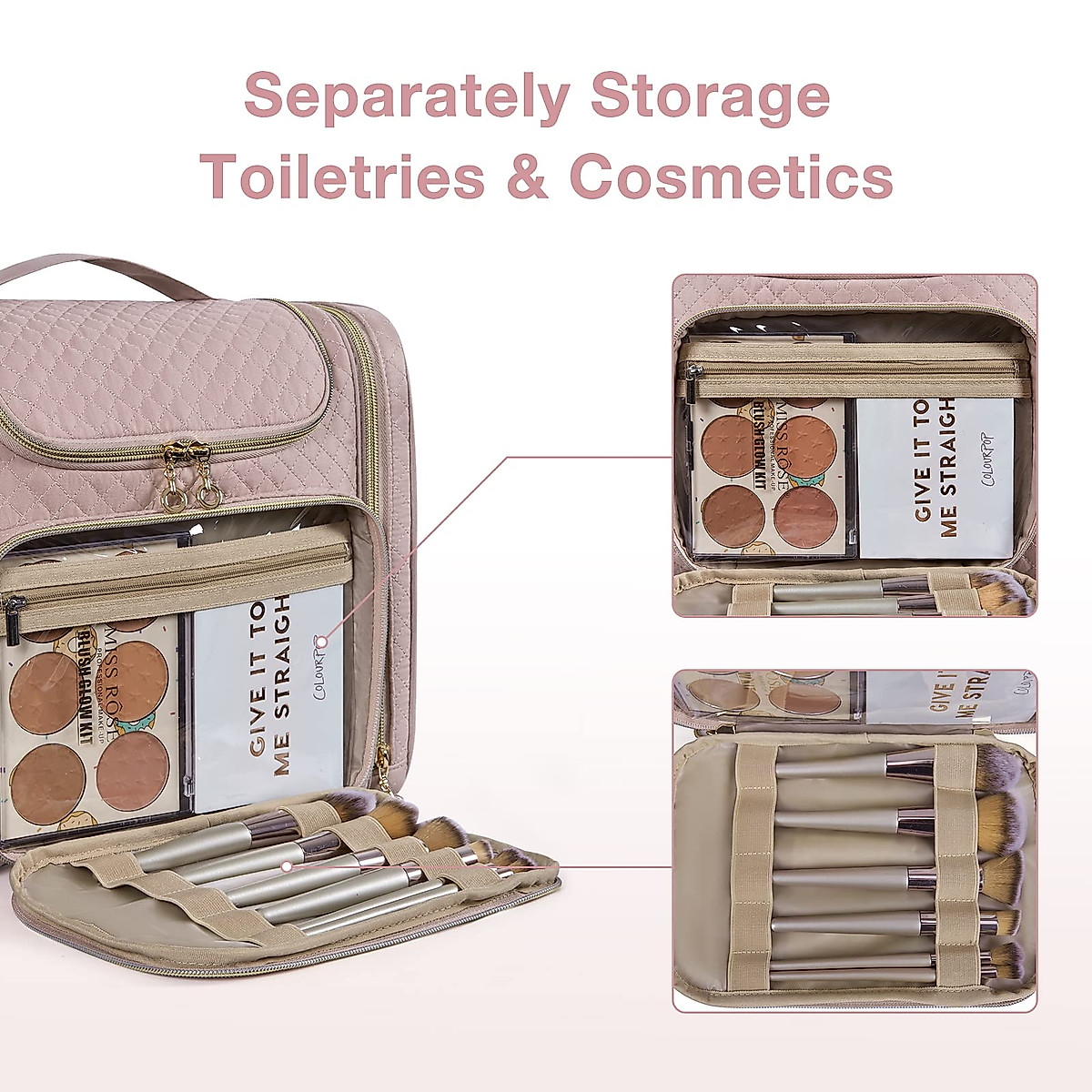 BAGSMART Travel Toiletry Bag for Women, Hanging Toiletry Bag Large Capacity Cosmetic Makeup Bag, Essentials Travel Organizer for Full Sized Toiletries and Cosmetics, Pink