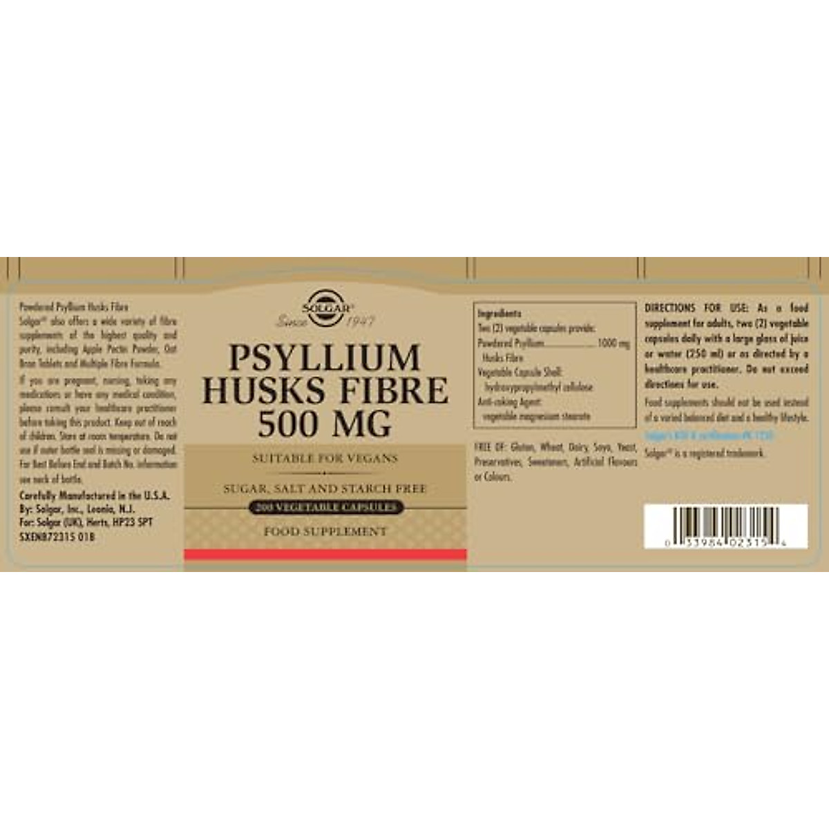 Solgar - Psyllium Husks Fiber 500 mg, 200 Vegetable Capsules