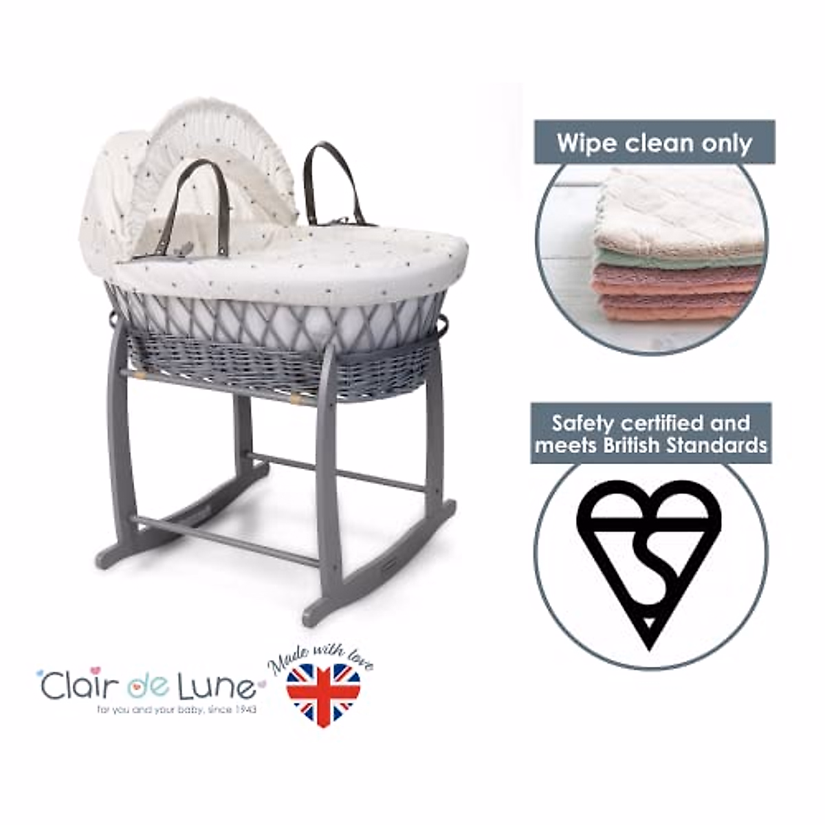 Clair de Lune Deluxe Grey Moses Basket Rocking Stand