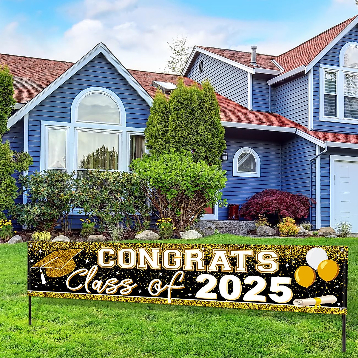 Large Congrats Grad Banner Gold Class of 2023 Banner Backdrop Graduation 2023 Yard Sign for Graduation Party Supplies Graduation Decorations 2023 (Gold)