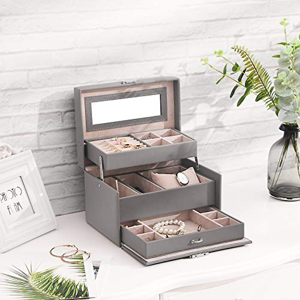 BEWISHOME Jewelry Box Organizer Jewelry Boxes for Women Girls Jewelry Organizer with Lock Mirror Jewelry Storage Case Holder Portable Travel Case Grey SSH77H