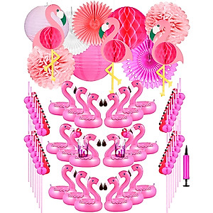97 Pieces Flamingo Party Decorations Set, Including 36 Inflatable Drink Floats 50 Pink Flamingo Straws 11 Pink Flamingo Party Decorations Reusable Pool Drink Holder Plastic Drinking Straws for Party