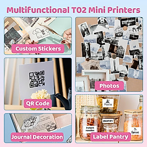 Ponek T02 Mini Sticker Printer - Wireless Sticker Maker Machine, Receipt Printers Pocket Mini Printer for iPhone, Mini Thermal Printer with 3 Rolls Thermal Paper for Journal, Memo, Photo