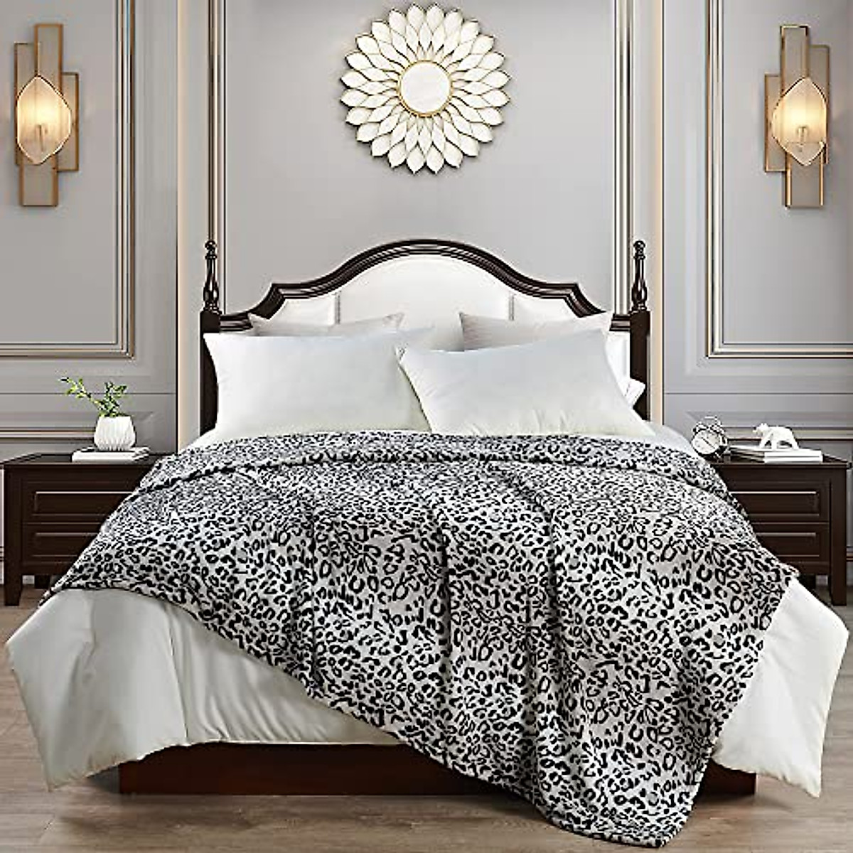 Home Soft Things Light Weight Animal Safari Style Black White Leopard Printed Flannel Fleece Blanket (Queen)