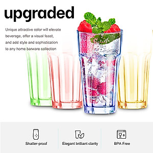 YOOJAM 13oz Plastic Drinking Glasses Tumblers Cups Glassware Kitchen Highball Water Juice Drinkware set for Kids Unbreakable BPA Free Dishwasher Safe 4 Assorted Colors