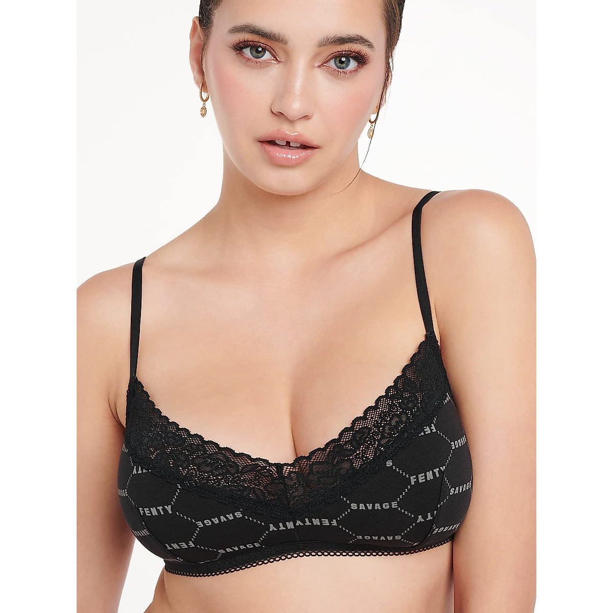 Savage X Fenty, Women's, Cotton Essentials Bralette, Cotton, Unlined Bralette, Black Caviar Logo Print, M