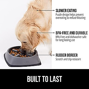 Gorilla Grip Slip Resistant Slow Feeder, 4 Cups, Cat and Dog Bowl, Slows Down Pets Eating, Prevent Overeating, Feed Small, Large Pets, Fun Puzzle Design, Dogs Cats Bowls for Dry and Wet Food, Gray