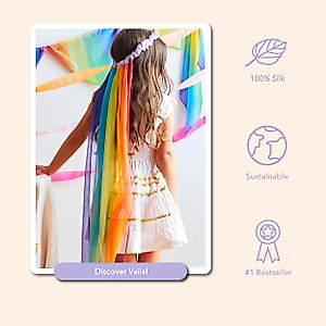 Rainbow Veil, Real Silk, 28" Long Veil with 18" Stretchy Headband | Real Natural Silk Waldorf Toys