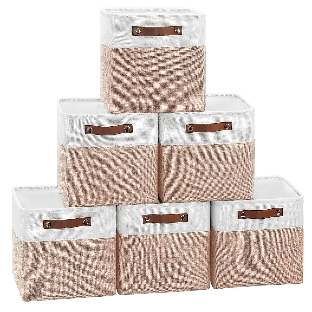 Patvingot Collapsible Fabric Cube Storage Bins 11x11×11, Pack of 6 Closet Basket Boxes with PU Handles for Organizing Shelves, Toys, Clothes, Home, Office,Laundry,Office(White&Pink)
