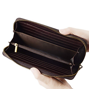 VISOUL Women’s RFID Blocking Genuine Leather Long Wallets with Detachable Wrist Strap, Large Capacity Zip Around Phone Holder Wallet for Women (Coffee)