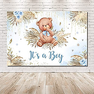 MEHOFOND Boho Bear Baby Shower Backdrop for Boy Baby Shower Party Decorations Bohemian Pampas Gass It's a Boy Baby Shower Photography Background Gold Glitter Dots Decor 7x5ft