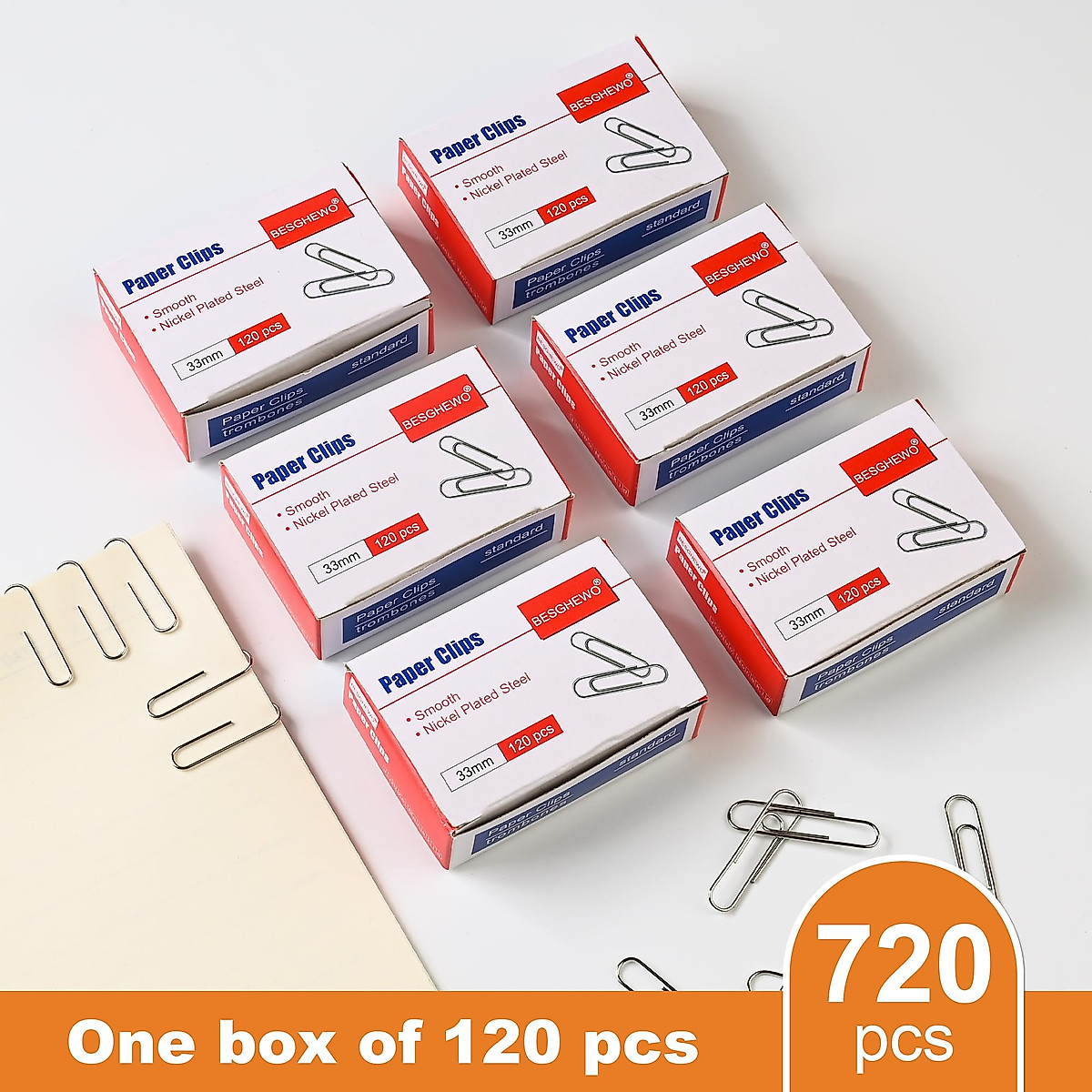 Paper Clips 720 pcs, Paper Clips Medium Size, Paperclips Office Supplies, No.1 Smooth Paper Clips Standard Size(6 Boxes of 120 Each)