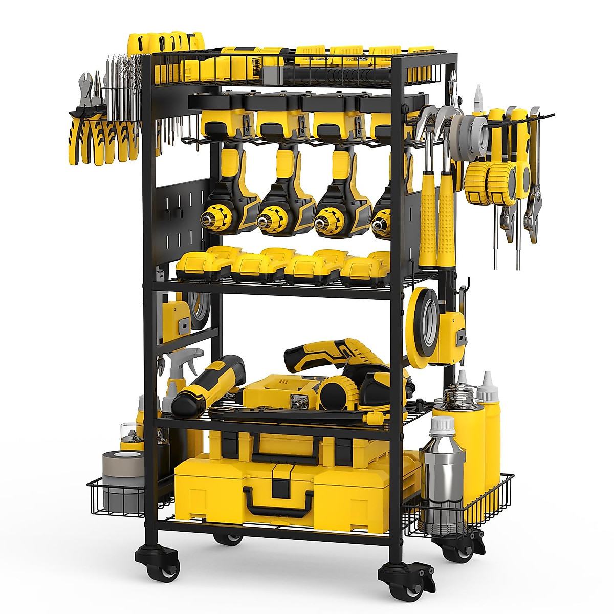 Mefirt Power Tool Organizer Cart, Heavy Duty 5 Tier Rolling Tool Cart on Wheels, Garage Floor Standing Rolling Storage Cart with Drill Set Rack, Mechanic Utility Cart for Workbench & Outdoors Working