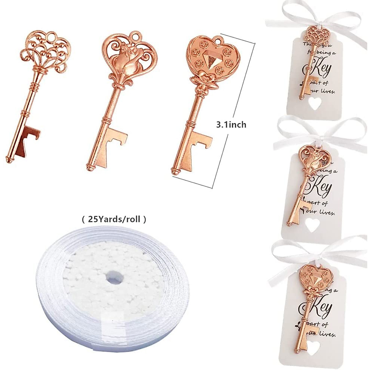 WODEGIFT 30pcs Key Bottle Openers,Wedding Favors,Gifts,Decorations or Souvenirs for guests Bulk,Bridal Shower Party Favors with Card Tag and Chains (Rose Gold)