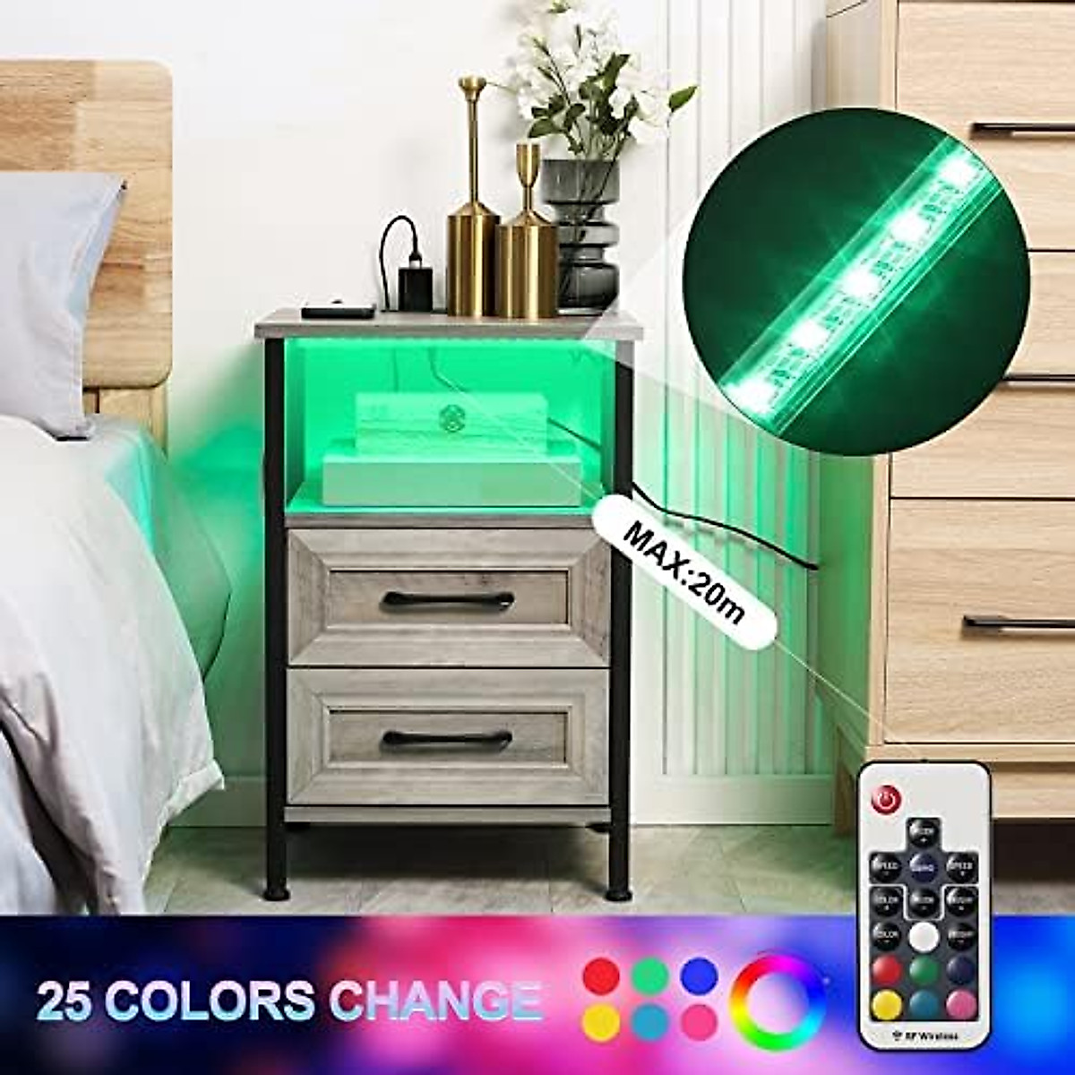 HOSEOKA Night Stand Charging Station and RGB Lights for Night Side Table Nightstand with USB Ports and Outlets Grey Night Stand Table with Drawers Farmhouse Nightstand for Bedroom