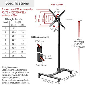 Barkan Mobile TV Cart 13-65 inch Tilt and Height Adjustment Stand, Holds Up to 80 lbs, Glossy Finish, Lockable Wheels, 5 Year Warranty, Rolling Trolley, Fits LED OLED LCD, Black