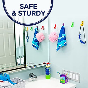 Toughook Heavy Duty Hooks for Hanging Coats, Jackets, Backpacks, Baseball Hats - Wall Mounted Rainbow Color Hangers for Kids, Perfect Hook for Classrooms, Bathroom Robes and Towels | J Hook 7-Pack