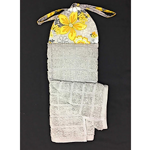 White and Yellow Flowers on Grey Gray Ties On Stays Put Kitchen Hanging Loop Hand Dish Towel